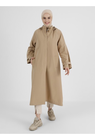 Kapüşonlu A Pile Detaylı Trençkot - Bej - Refka Casual Kapüşonlu A Pile Detaylı Trençkot - Bej - Refka Casual