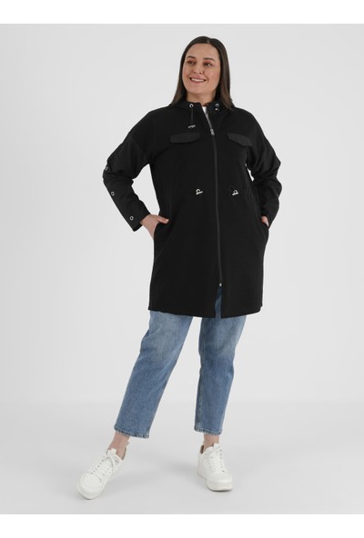 Alia Büyük Beden Kol Detaylı Kapüşonlu Kap - Siyah - Alia