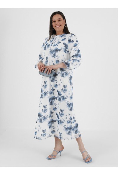 Alia Büyük Beden Çiçek Desenli Şifon Elbise - Ekru Indigo - Alia Alia Büyük Beden Çiçek Desenli Şifon Elbise - Ekru Indigo - Alia