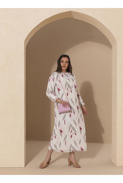 Alia Büyük Beden Lale Desenli Şifon Elbise - Ekru - Alia Alia Büyük Beden Lale Desenli Şifon Elbise - Ekru - Alia
