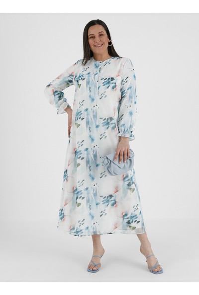 Alia Büyük Beden Desenli Şifon Elbise - Mavi Ekru - Alia Alia Büyük Beden Desenli Şifon Elbise - Mavi Ekru - Alia