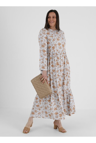 Alia Büyük Beden Doğal Kumaşlı Desenli Elbise - Buz Mavisi Camel - Alia Alia Büyük Beden Doğal Kumaşlı Desenli Elbise - Buz Mavisi Camel - Alia