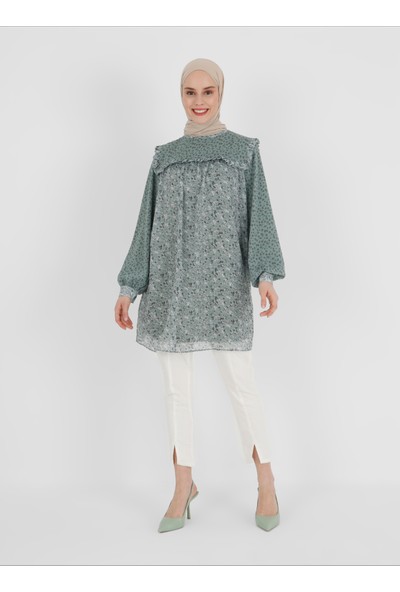 Refka Çift Desenli Fırfırlı Şifon Tunik - Çağla - Refka Casual