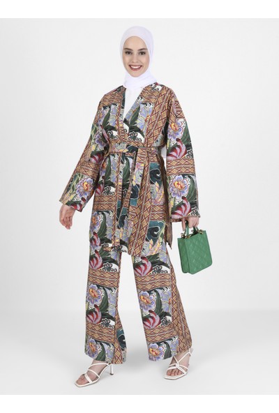 Refka Bordür Çiçek Desenli Kuşaklı Kimono - Yeşil - Refka Casual