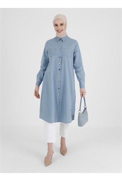 Benin Metal Düğmeli Uzun Boy Kot Tunik - Buz Mavi - Benin