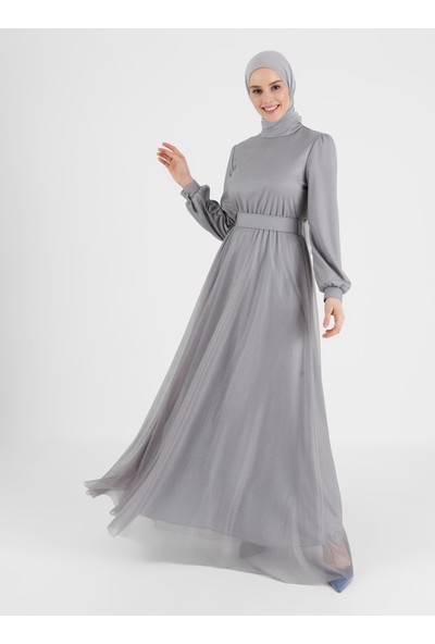 Benin Simli Kemer Detaylı Abiye Elbise - Gri Lila - Benin