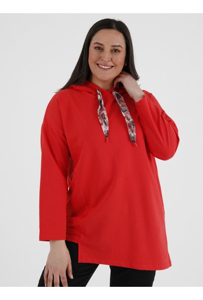Alia Büyük Beden Kapüşonlu Tunik - Nar Çiçeği - Alia