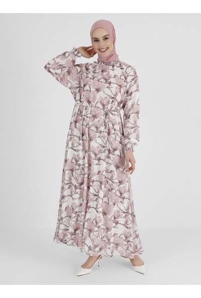 Çiçek Desenli Gipe Detaylı Yoryo Şifon Elbise - Pudra - Refka Casual