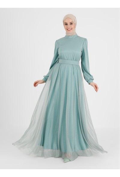 Benin Simli Kemer Detaylı Abiye Elbise - Yeşil - Benin