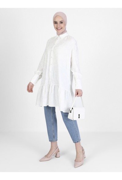 Refka Kalın Manşet Brode Tunik - Off White - Refka Casual