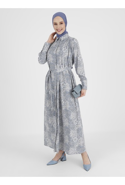 Çiçek Desenli Gömlek Elbise - Derin Mavi - Refka Casual Çiçek Desenli Gömlek Elbise - Derin Mavi - Refka Casual