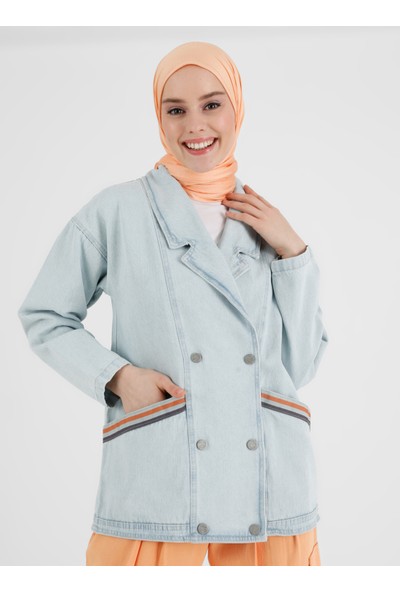 Benin Şerit Detaylı Kruvaze Kapama Kot Ceket - Buz Mavisi - Benin