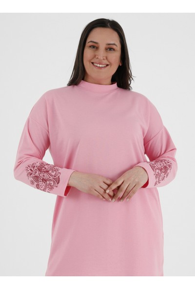 Alia Büyük Beden Kol Uçları Baskılı Tunik - Pembe - Alia