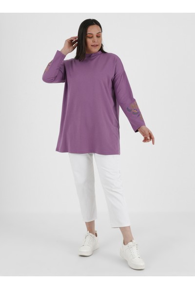 Alia Büyük Beden Baskı Detaylı Tunik - Lila - Alia