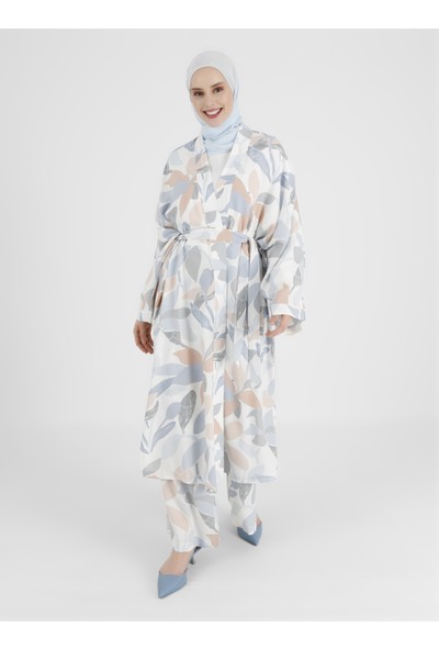 Benin Çiçek Desenli Kuşaklı Ferace - Gök Mavi Desenli - Benin