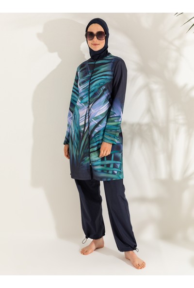 Mayo Bella Degrade Yaprak Geçişli Tam Kapalı Mayo - Lacivert - Mayo Bella