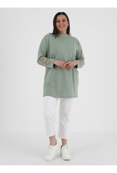 Alia Büyük Beden Baskı Detaylı Tunik - Su Yeşili - Alia
