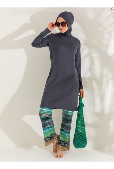 Çizgi Desenli Lycra Tam Kapalı Mayo - Antrasit Haki- Mayo Bella
