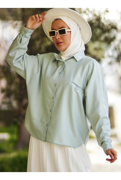 Por La Cara Önden Düğmeli Yarasa Kol Gömlek Tunik - Mint Yeşili - Por La Cara