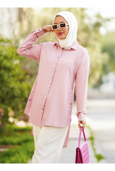 Düğmeli Önü Kısa Arkası Uzun Tunik - Gül Kurusu - Por La Cara