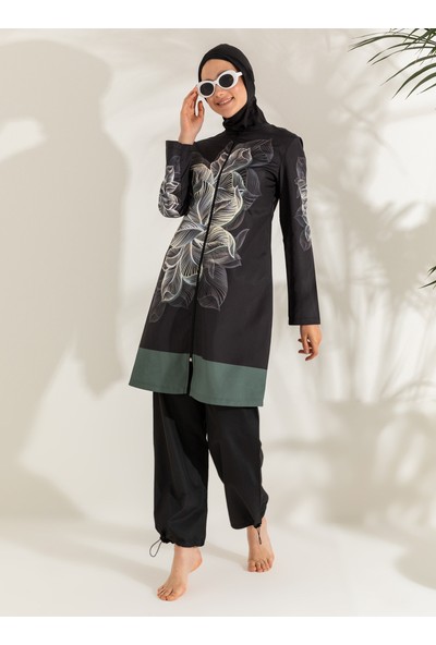 Mayo Bella Yaprak Desenli Tam Kapalı Mayo - Siyah - Mayo Bella