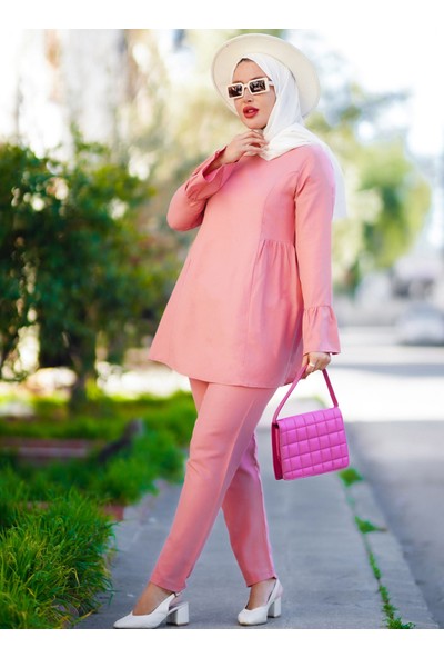 Por La Cara Ispanyol Kol Sırt Fermuarlı Tunik&pantolon Ikili Takım - Gül Kurusu - Por La Cara