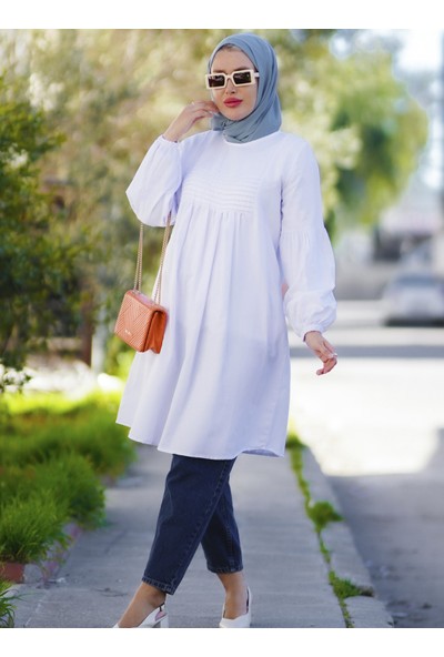 Por La Cara Göğüs Pileli Enseden Tek Düğmeli Nervürlü Tunik - Beyaz - Por La Cara Por La Cara Göğüs Pileli Enseden Tek Düğmeli Nervürlü Tunik - Beyaz - Por La Cara