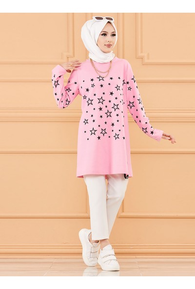 Yıldız Baskılı Sweatshirt - Pembe - Tofisa