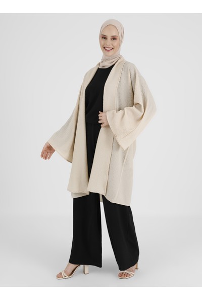 Refka Jakarlı Oversize Kalıp Kimono - Bej - Casual Refka Jakarlı Oversize Kalıp Kimono - Bej - Casual