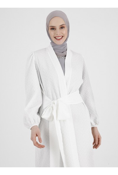 Refka Jakarlı Sabit Kuşaklı Ferace - Off White - Refka Casual