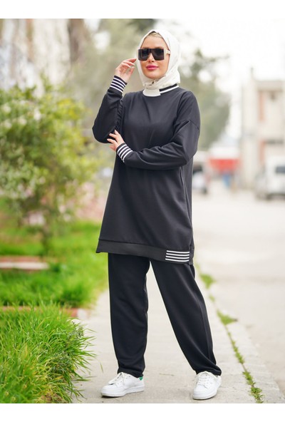 Por La Cara Etek ve Manşetleri Çizgili Lastikli Tunik&pantolon Ikili Takım - Siyah - Por La Cara