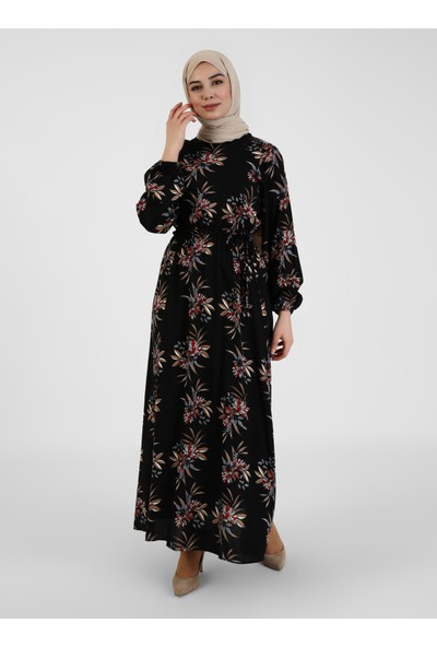 Tavin Doğal Kumaşlı Beli Lastikli Desenli Elbise - Siyah - Tavin Tavin Doğal Kumaşlı Beli Lastikli Desenli Elbise - Siyah - Tavin