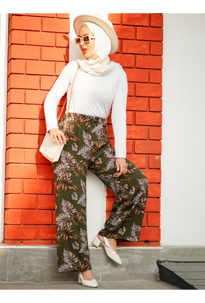 Por La Cara Yaprak Desenli Salaş Pantolon - Haki - Por La Cara