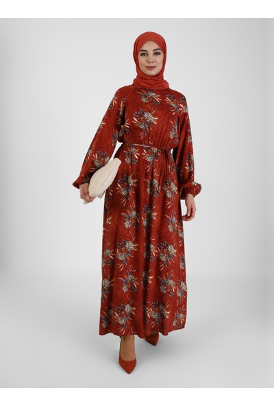 Tavin Doğal Kumaşlı Beli Lastikli Desenli Elbise - Kiremit - Tavin Tavin Doğal Kumaşlı Beli Lastikli Desenli Elbise - Kiremit - Tavin