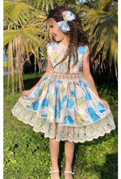 HC Kids Wear Kız Çocuk Yeşil Mavi Çiçekli Elbise