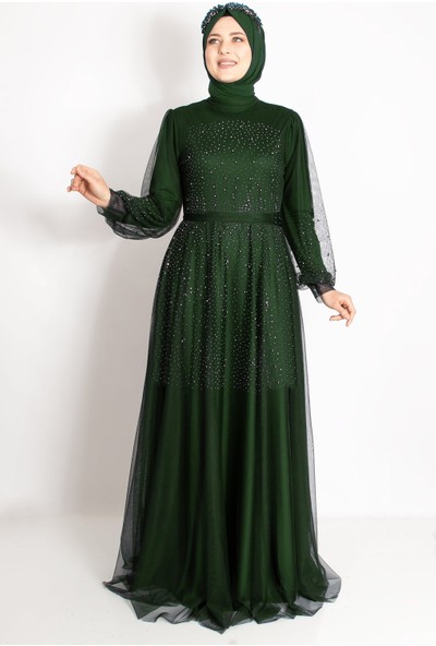 Fahima Tül Taş Inci Detaylı Abiye Zümrüt FHM832 Fahima Tül Taş Inci Detaylı Abiye Zümrüt FHM832