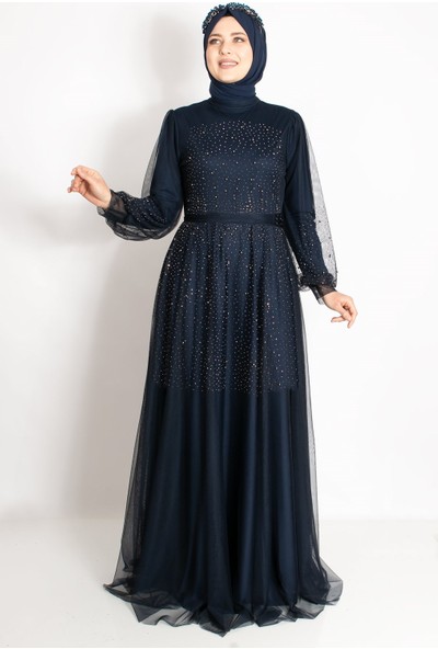 Fahima Tül Taş Inci Detaylı Abiye Lacivert FHM832 Fahima Tül Taş Inci Detaylı Abiye Lacivert FHM832