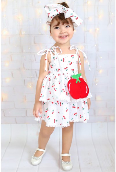 Riccotarz Kız Çocuk New Kiraz Çantalı ve Bandanalı Askılı Beyaz Elbise