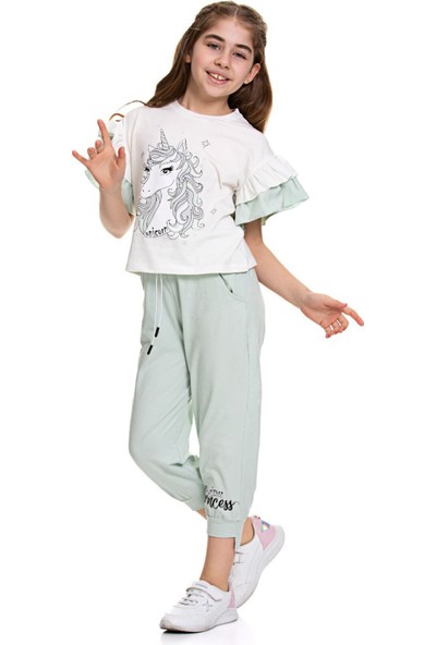 Riccotarz Kız Çocuk Kolları Fırfırlı ve Unicorn Pony Baskılı Su Yeşili Eşofman Takım Riccotarz Kız Çocuk Kolları Fırfırlı ve Unicorn Pony Baskılı Su Yeşili Eşofman Takım
