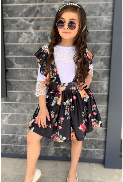 Riccotarz Kız Çocuk Dantel Tül Detaylı Çiçekli Siyah Salopet Takım