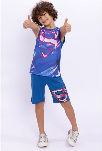 Erkek Çocuk Super Man Baskılı Sıfır Kol Mavi Şortlu Takım
