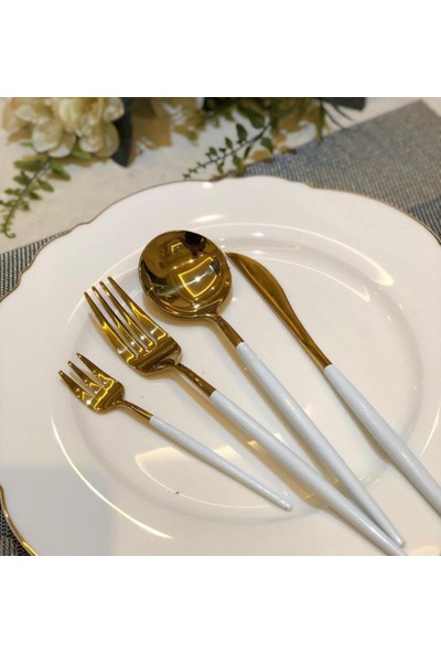 Aymet 24 Parça Beyaz-Gold Çatal Kaşık Bıçak Takımı AYM1600A