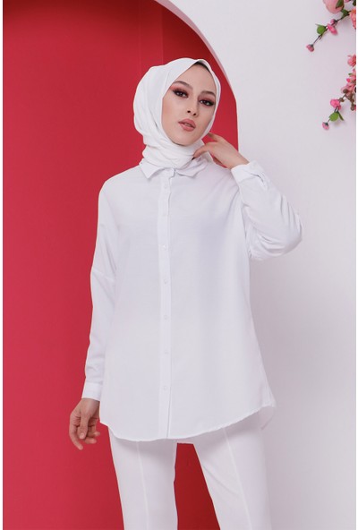 İmaj Butik Salaş Tesettür Gömlek/beyaz
