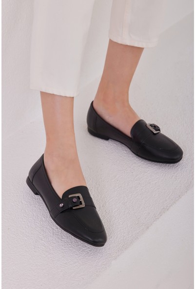 Madamra Siyah Kadın Taşlı Babet