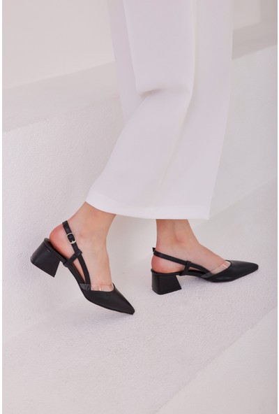 Madamra Siyah Kadın Şeffaf Detaylı Topuklu Ayakkabı