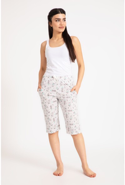 Pemilo Kadın 425-4 Desenli Cepli Kapri Tek Alt Beyaz