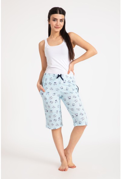 Pemilo Kadın 425-5 Göz Desenli Cepli Kapri Tek Alt Mavi
