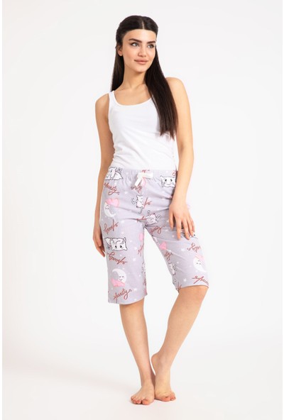 Pemilo Kadın 425-6 Desenli Cepli Kapri Tek Alt Gri