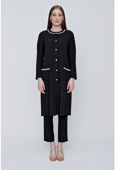 22562112 Püskül Detaylı Cepli Örme Uzun Hırka