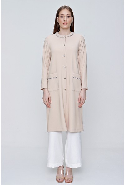 22562111 Püskül Detaylı Cepli Örme Uzun Hırka